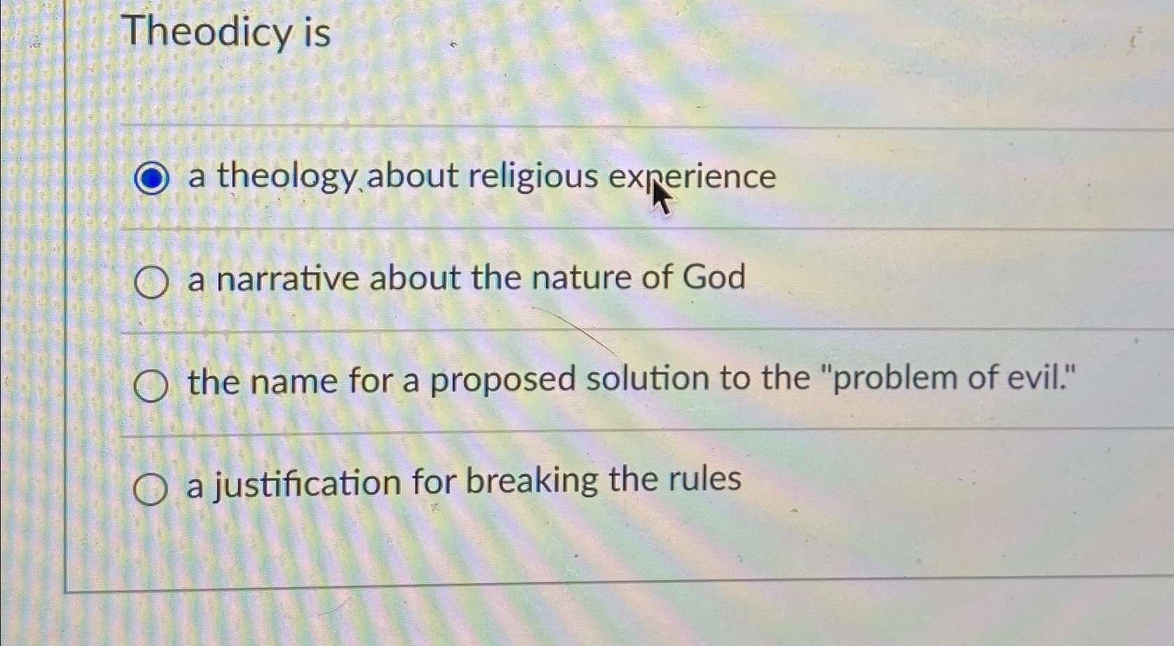 Solved Theodicy isa theology about religious experiencea | Chegg.com