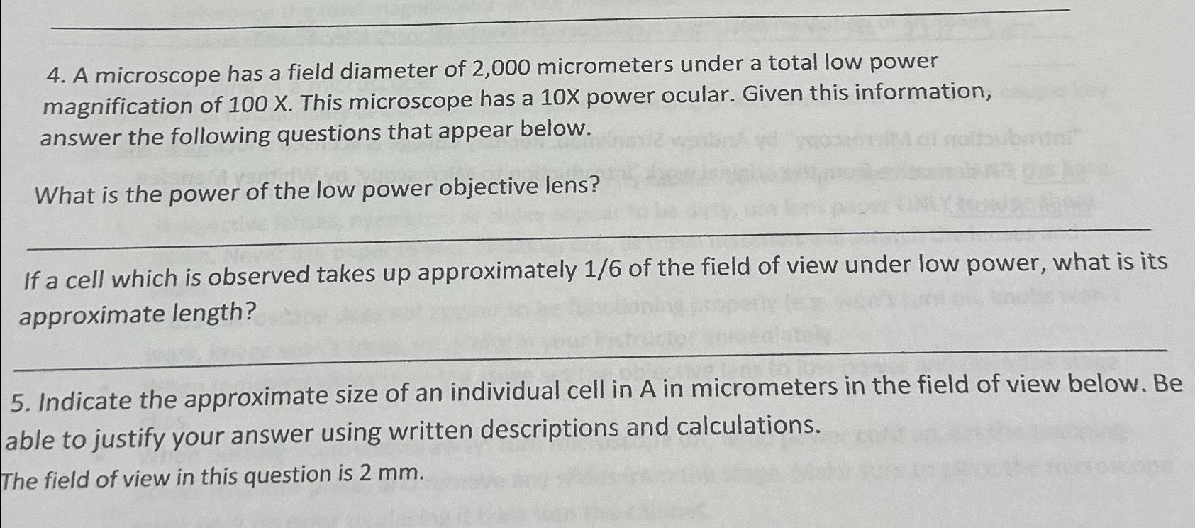 Solved A microscope has a field diameter of 2,000 | Chegg.com