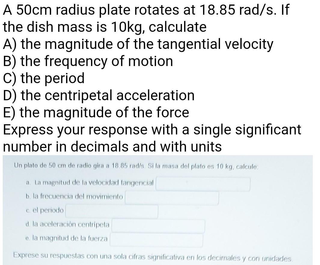 Solved A 50cm radius plate rotates at 18.85 rad/s. If the | Chegg.com