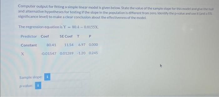 Solved Computer output for fitting a simple linear model is | Chegg.com
