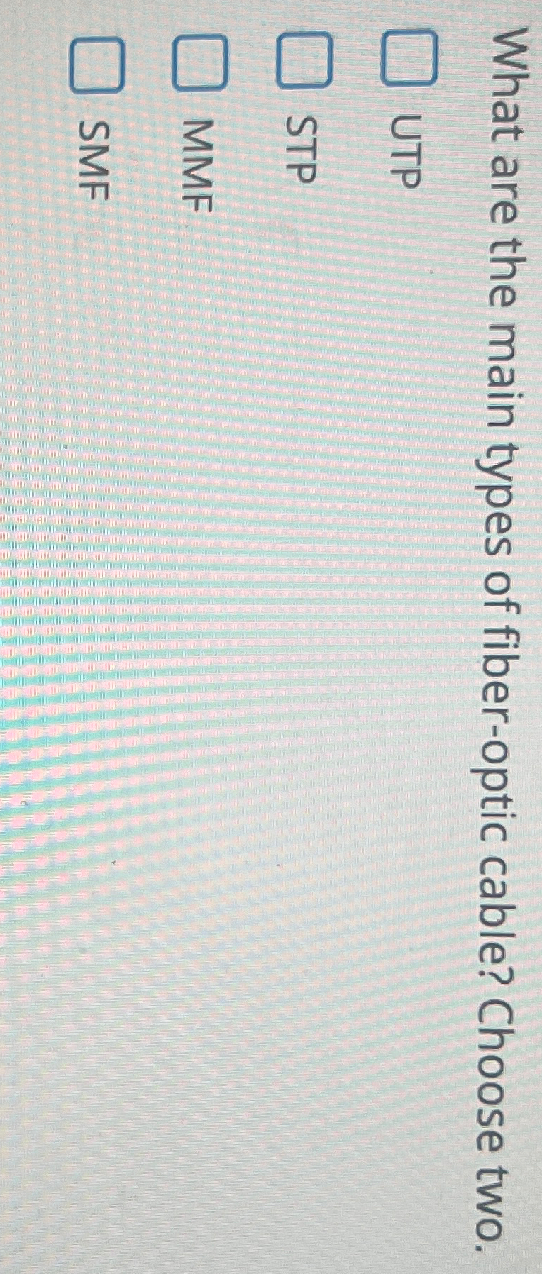 Solved What are the main types of fiber-optic cable? Choose | Chegg.com