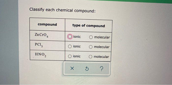 Solved Classify each chemical compound: compound type of | Chegg.com Solved Classify each chemical compound: compound type of | Chegg.com