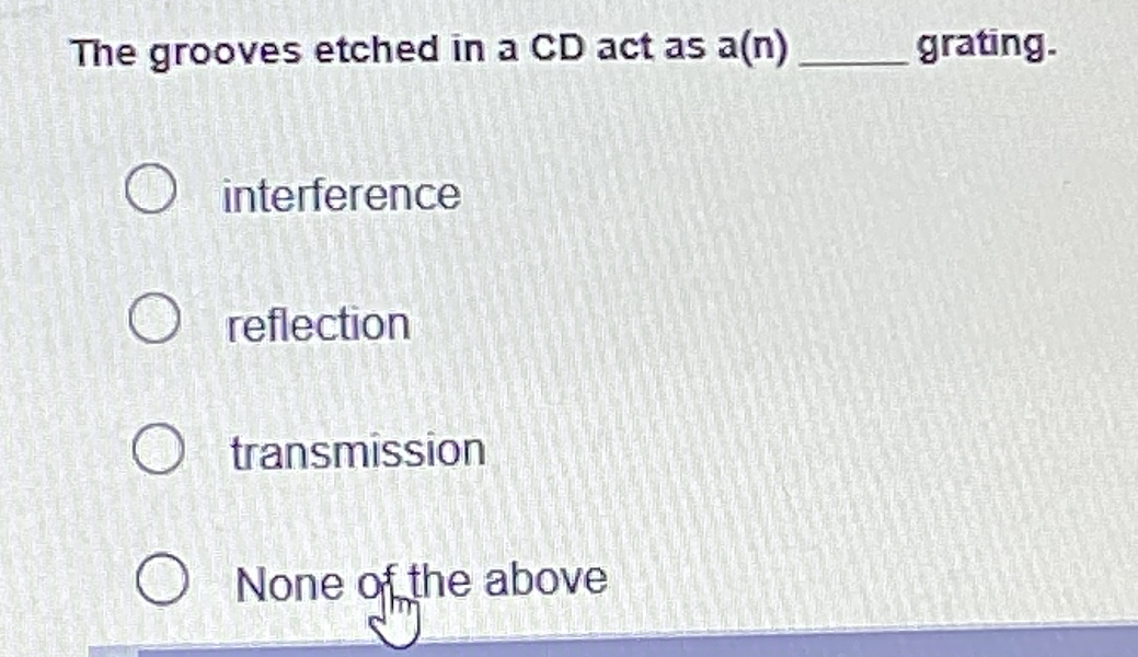 Solved The grooves etched in a CD act as a(n) | Chegg.com