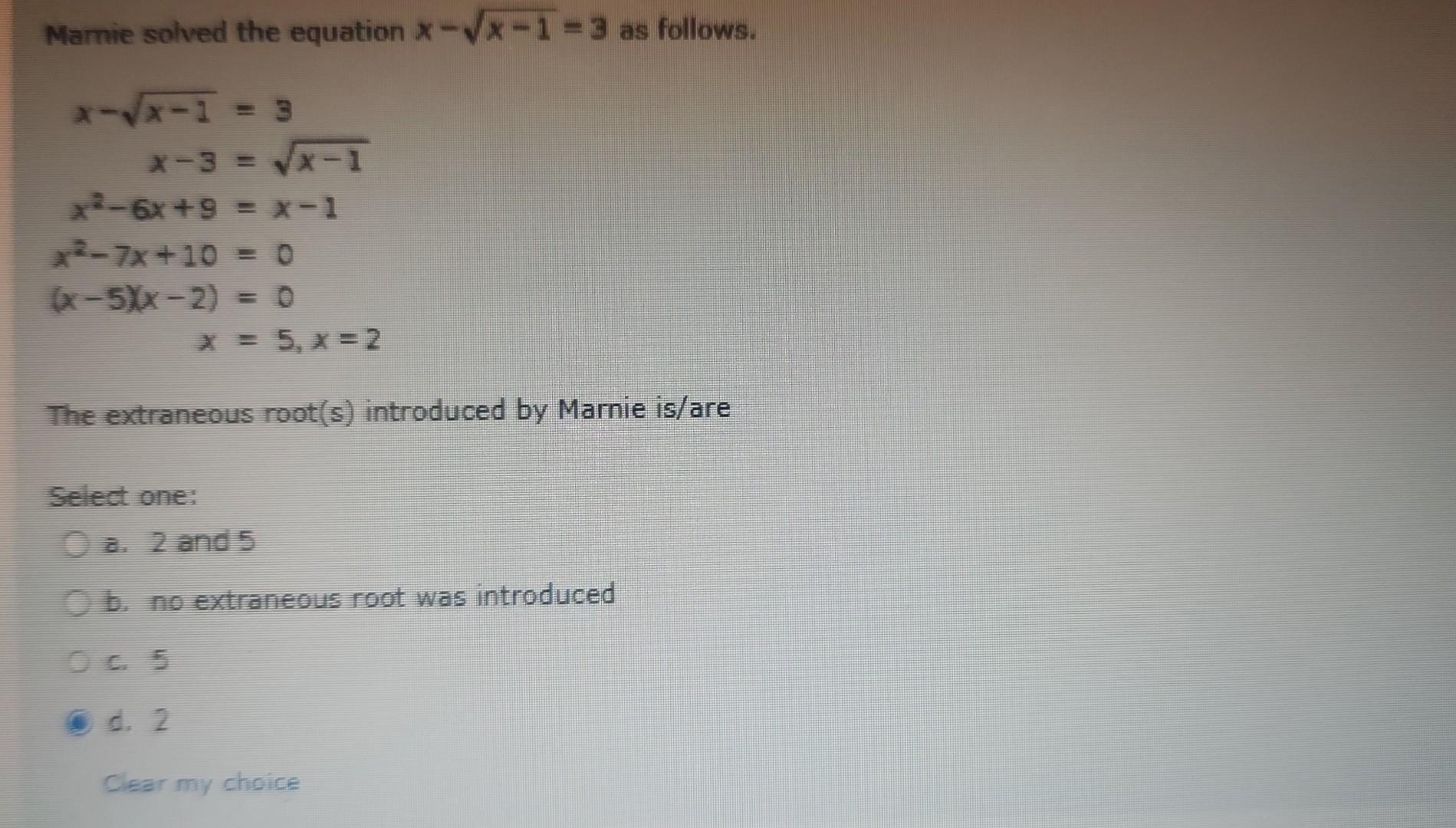 Solved Marnie solved the equation x−x−1=3 as follows. | Chegg.com