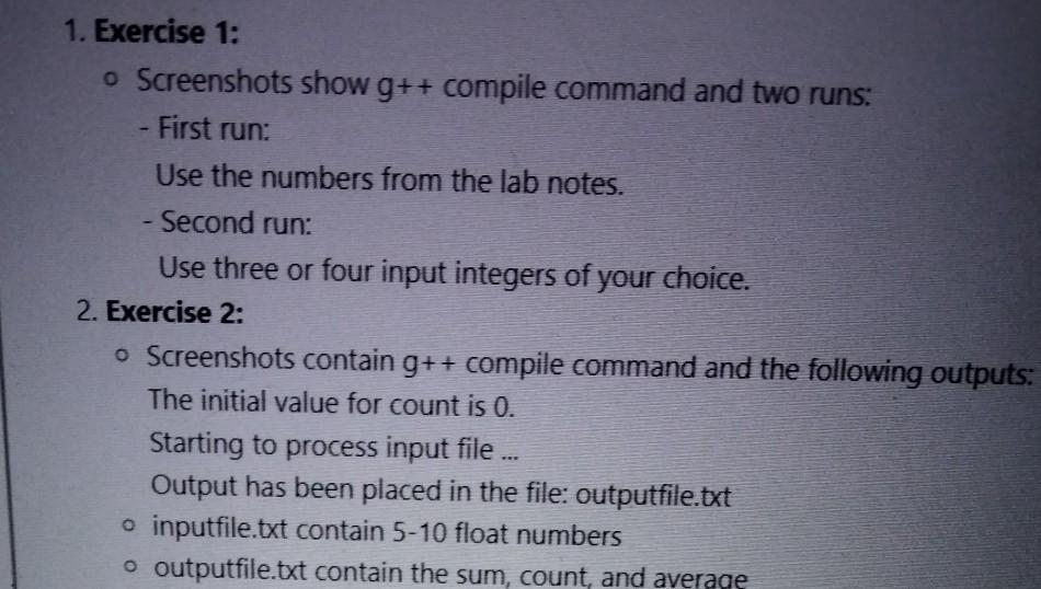 Solved 1. Exercise 1: o Screenshots show g++ compile command | Chegg.com