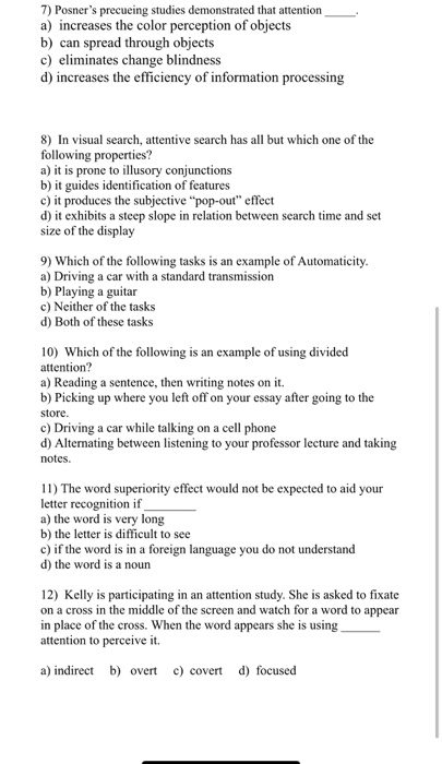 Solved 7) Posner's precueing studies demonstrated that | Chegg.com