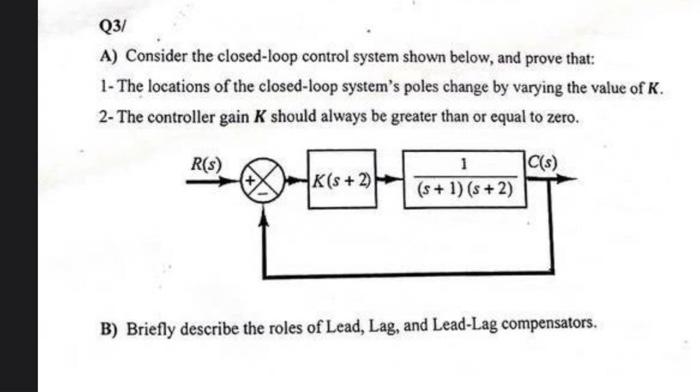 Solved Q3/ A) Consider the closed-loop control system shown | Chegg.com