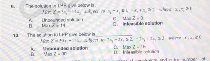 Solved 9. 9. 10. The solution to LPP give below is, Max Z = | Chegg.com