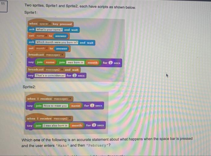 Solved Two sprites, Sprite1 and Sprite2, each have scripts | Chegg.com