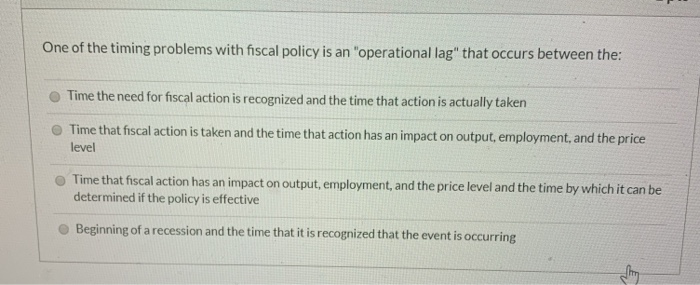 Solved One of the timing problems with fiscal policy is an | Chegg.com