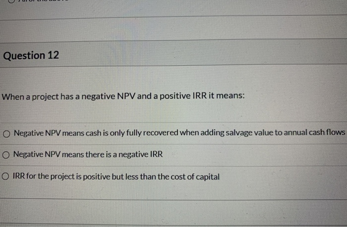 Solved Question 12 When a project has a negative NPV and a | Chegg.com