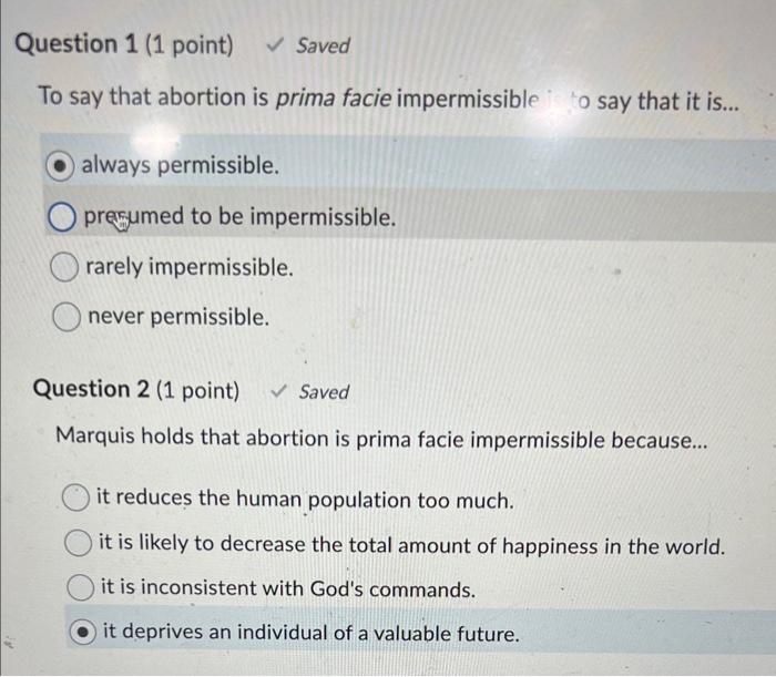 To say that abortion is prima facie impermissible to | Chegg.com