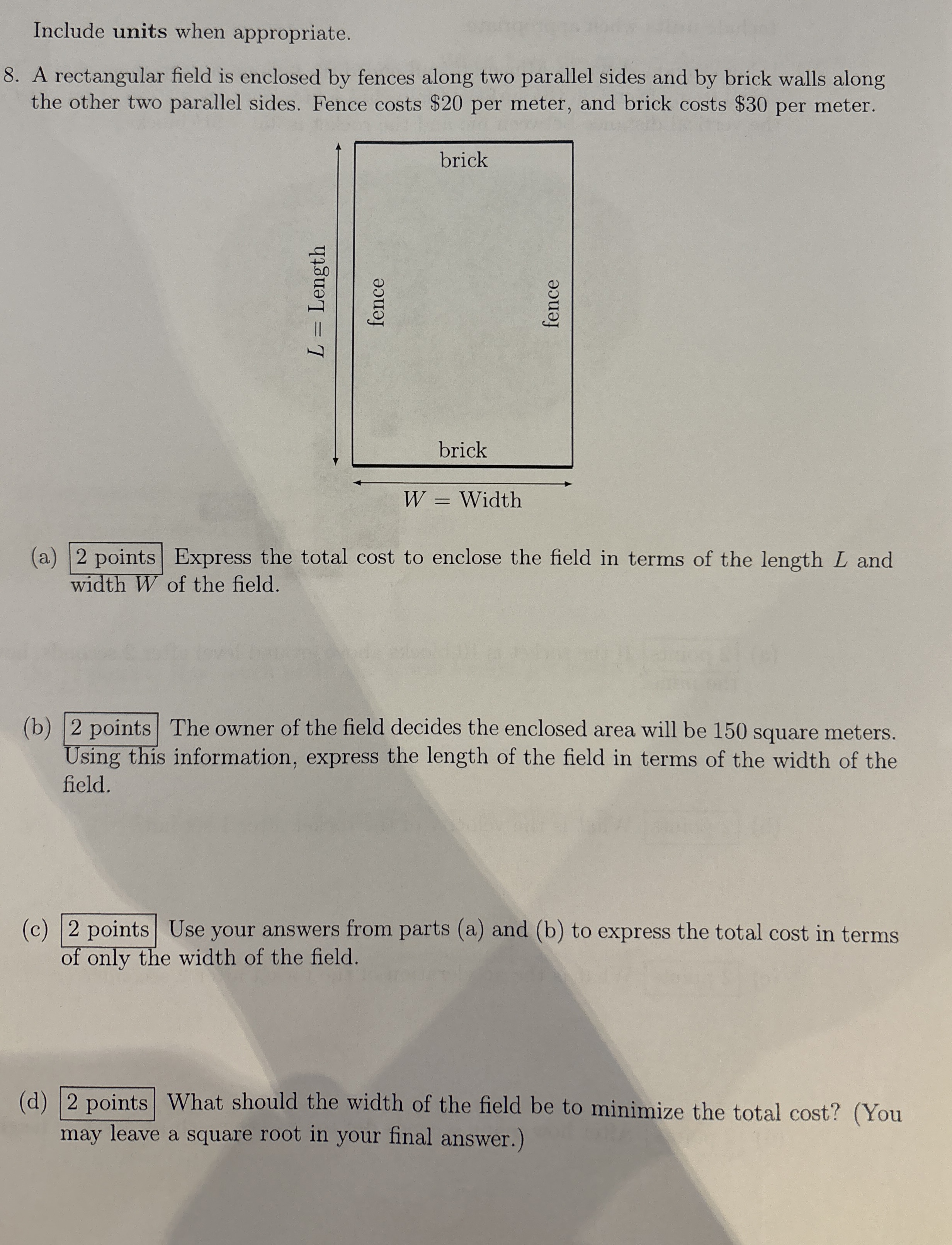 Solved Include units when appropriate.8. ﻿A rectangular | Chegg.com