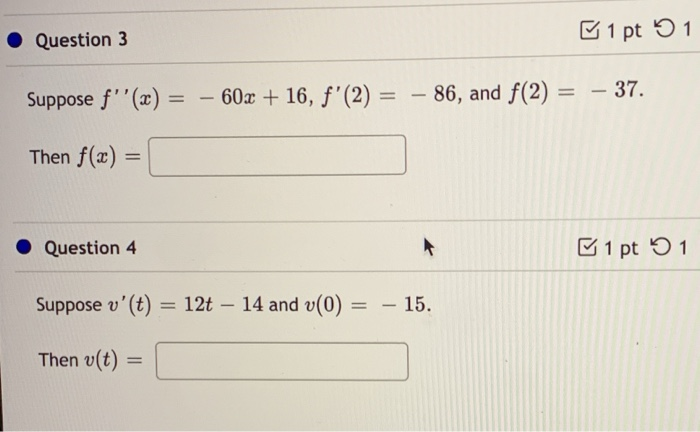Solved Suppose f^ prime prime (x)=-60x+16,f^ prime (2)=-86 , | Chegg.com