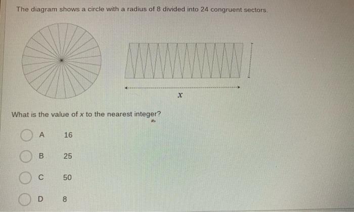 Solved The diagram shows a circle with a radius of 8 divided | Chegg.com
