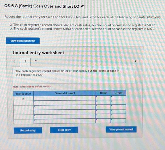 Solved Record the journal entry for Sales and for Cash Over | Chegg.com
