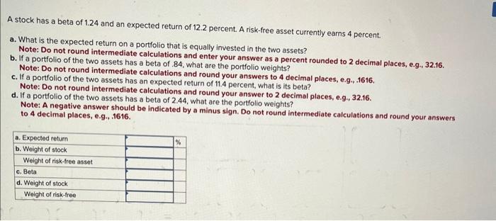 Solved A stock has a beta of 1.24 and an expected return of | Chegg.com