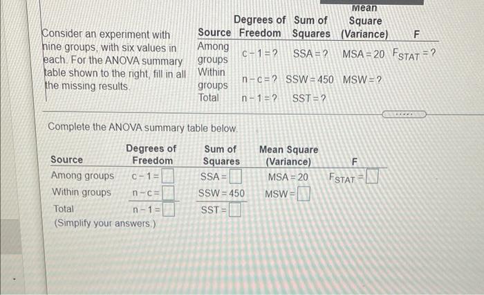 Solved Mean Degrees of Sum of Square Consider an experiment | Chegg.com