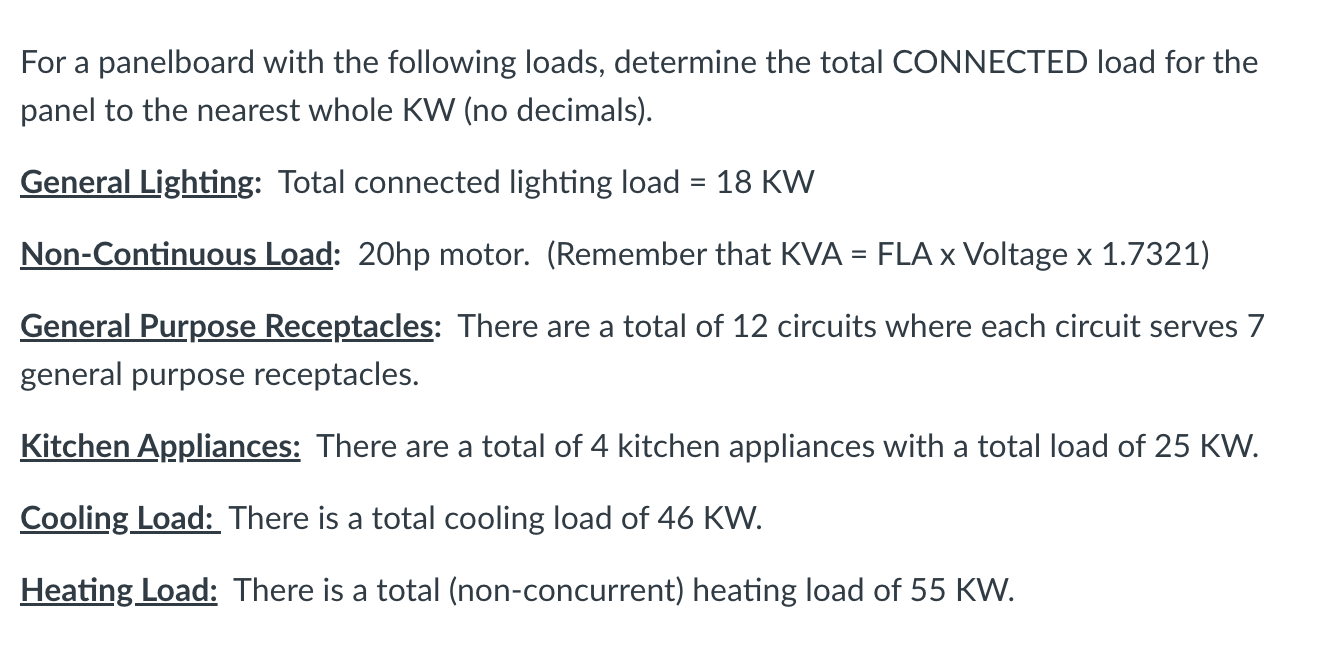 Solved For a panelboard with the following loads, determine | Chegg.com