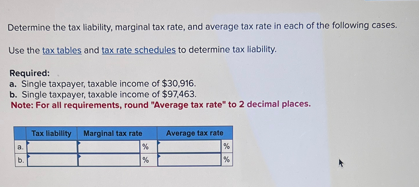 Solved Determine the tax liability, marginal tax rate, and | Chegg.com
