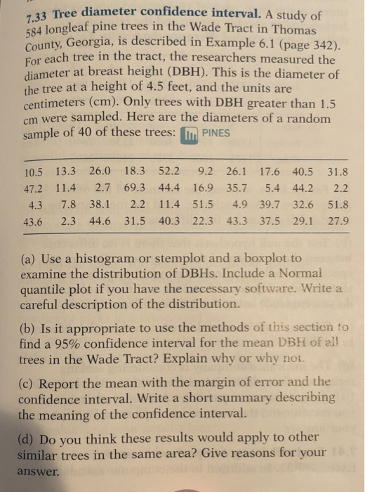 Solved 7.33 Tree diameter confidence interval. A study of | Chegg.com