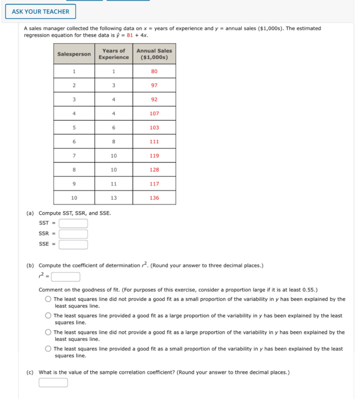 Solved A sales manager collected the following data on x= | Chegg.com