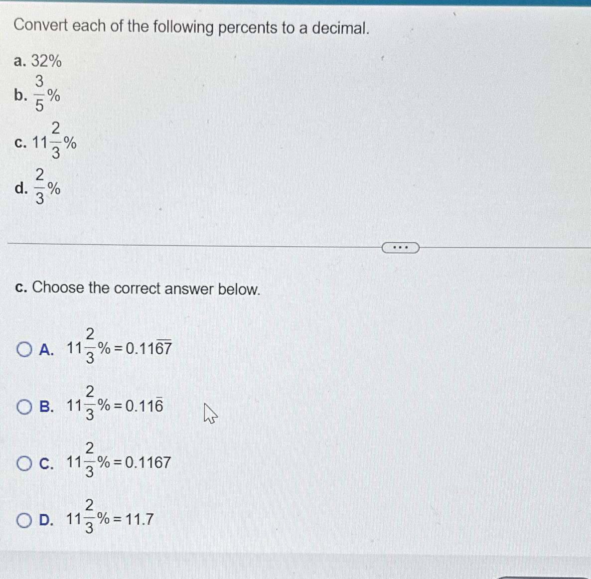 Solved Convert each of the following percents to a | Chegg.com