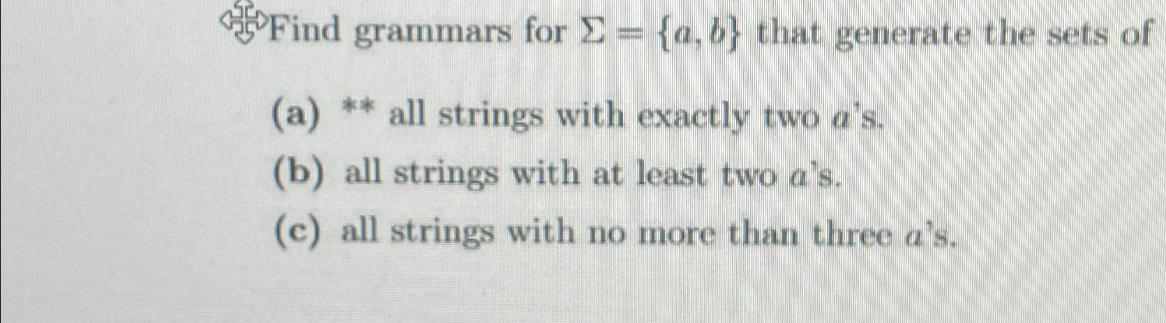 Solved 㔚F Find grammars for Σ={a,b} ﻿that generate the sets | Chegg.com