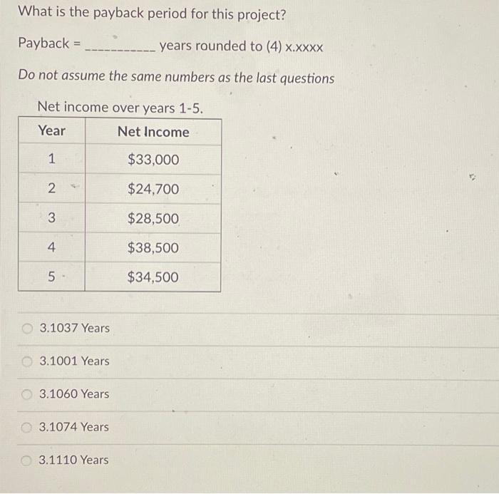 Solved What is the payback period for this project? Payback | Chegg.com