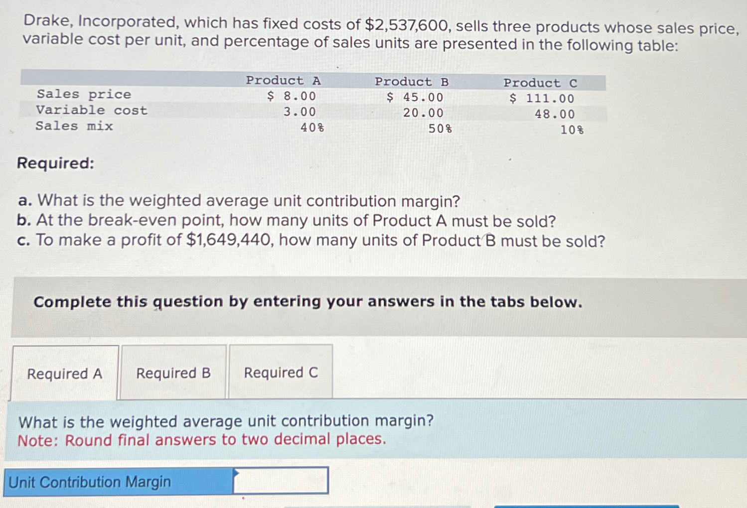 Solved Drake, Incorporated, which has fixed costs of | Chegg.com