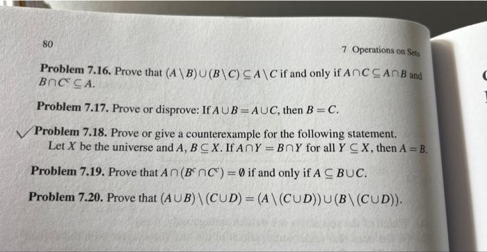 Solved Problem 7.16. Prove that (A\B)∪(B\C)⊆A\C if and only | Chegg.com