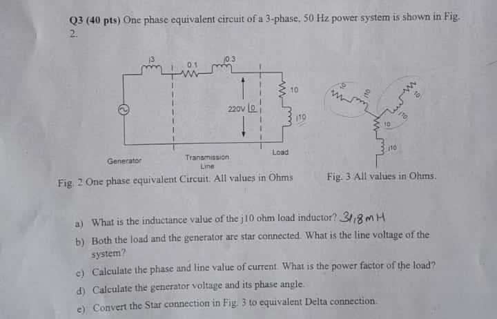 Solved Q3 (40 ﻿pts) ﻿One phase equivalent circuit of a | Chegg.com