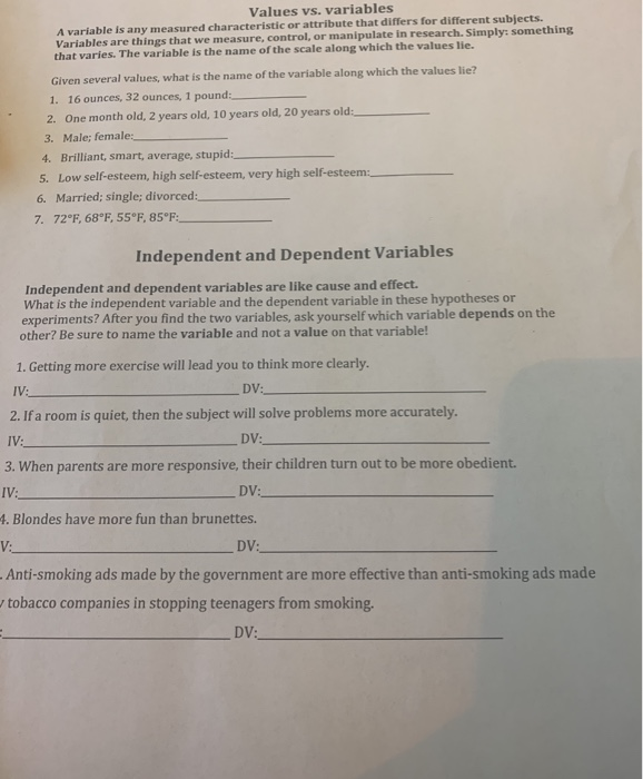 Solved Values vs. variables A variable is any measured | Chegg.com