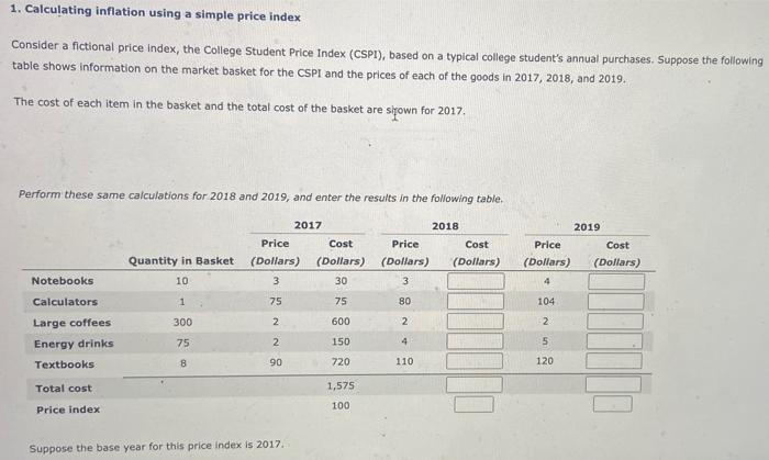 Solved 1. Calculating inflation using a simple price index | Chegg.com
