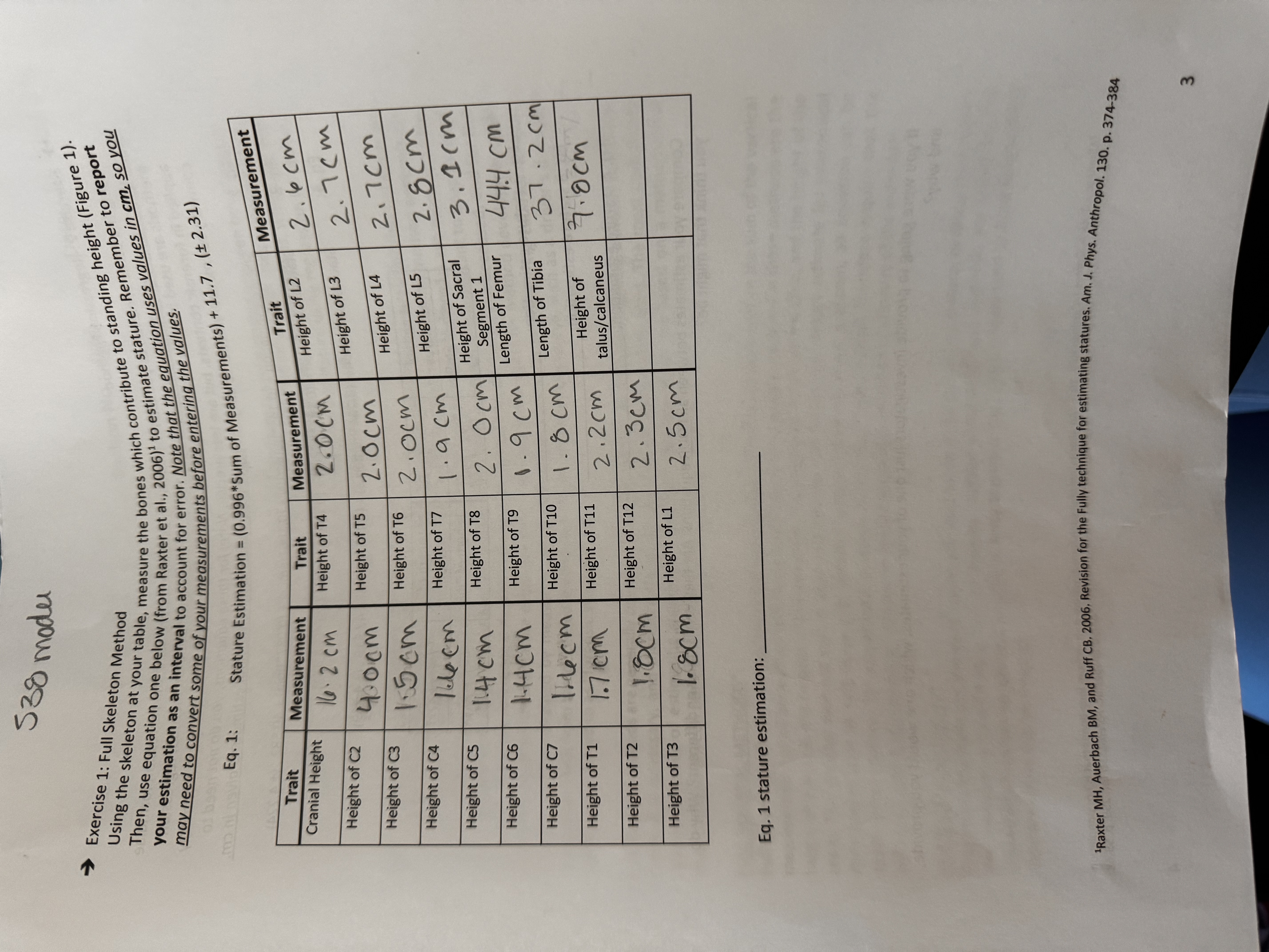 Solved Please calculate eq.1 ﻿stature estimation Based off | Chegg.com