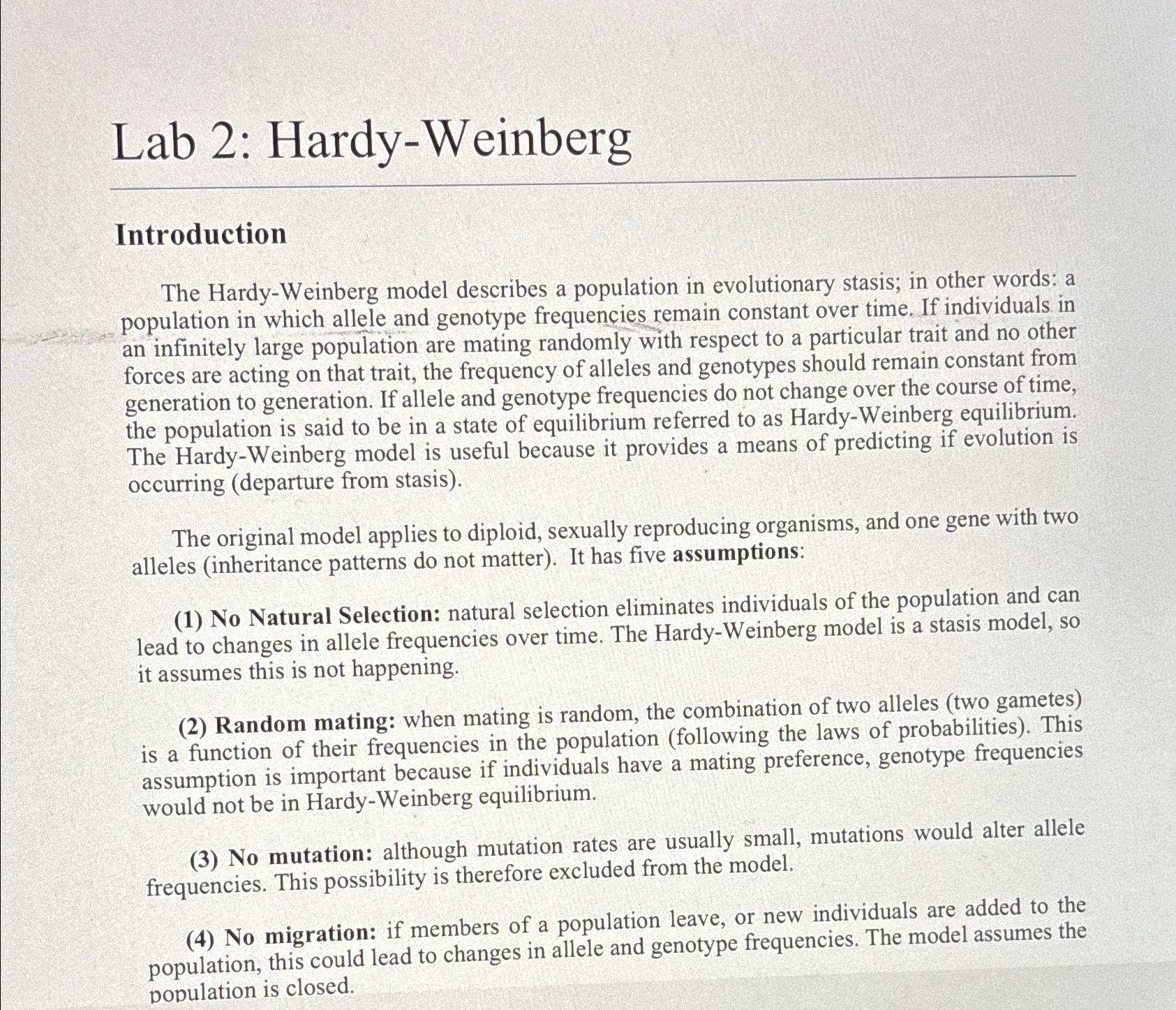 Solved Lab 2: Hardy-WeinbergIntroductionThe Hardy-Weinberg | Chegg.com