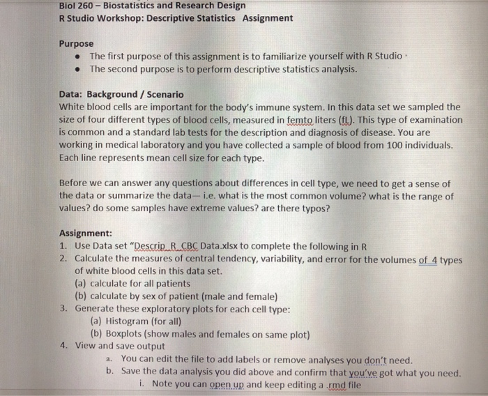 Solved Biol 260 - Biostatistics and Research Design R Studio | Chegg.com