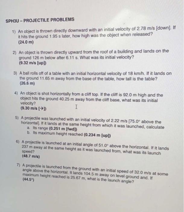 Solved H3U - PROJECTILE PROBLEMS 1) An object is thrown | Chegg.com