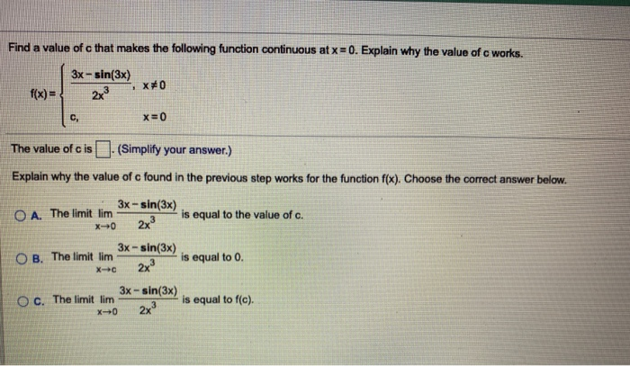 Solved Find a value of c that makes the following function | Chegg.com