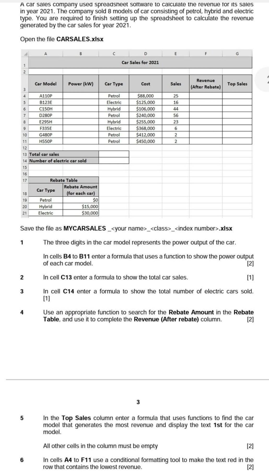 Solved A car sales company used spreadsneet sortware to | Chegg.com