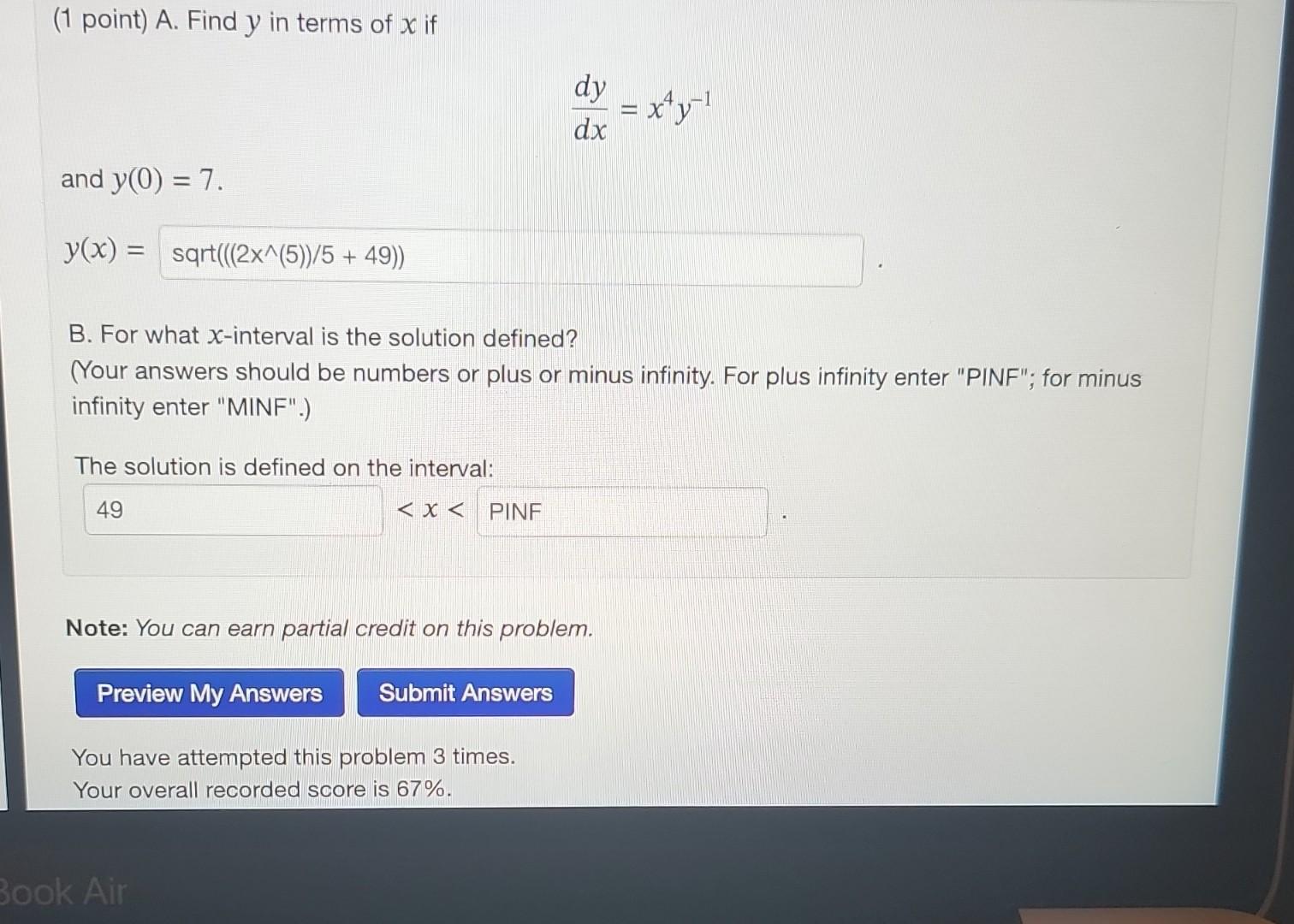 Solved (1 point) A. Find y in terms of x if dxdy=x4y−1 and | Chegg.com