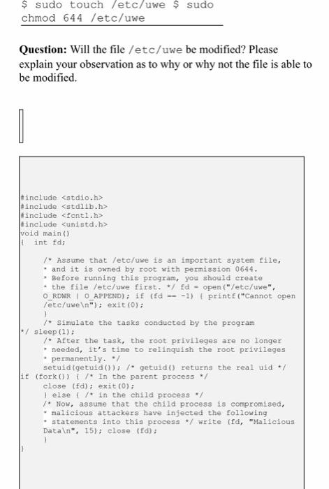 Solved $ sudo touch /etc/uwe $ sudo chmod 644 /etc/uwe | Chegg.com