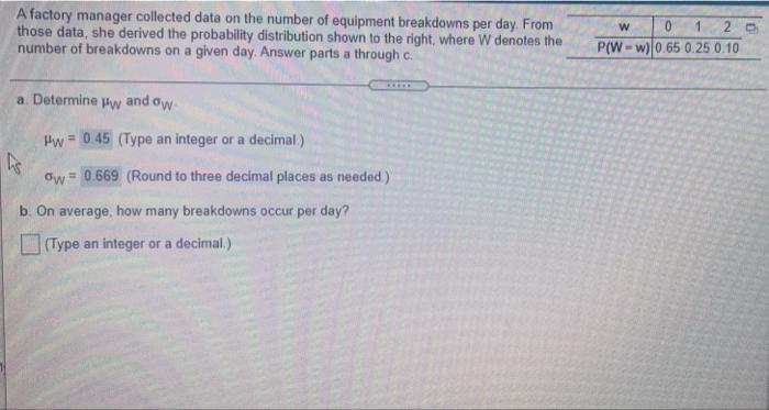 Solved w A factory manager collected data on the number of | Chegg.com