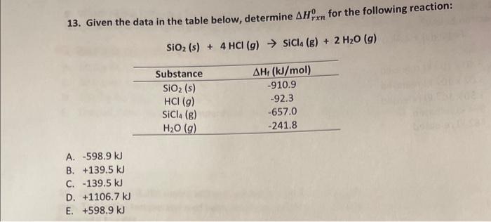 Solved 13. Given the data in the table below, determine | Chegg.com