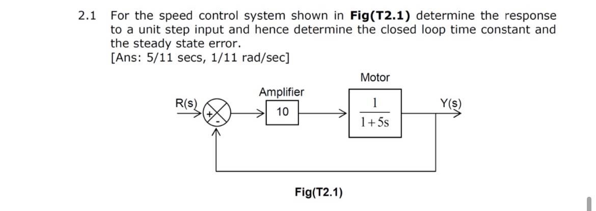 Solved 2.1 ﻿For the speed control system shown in Fig(T2.1) | Chegg.com