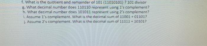 Solved f. What is the quotient and remainder of 101 | Chegg.com
