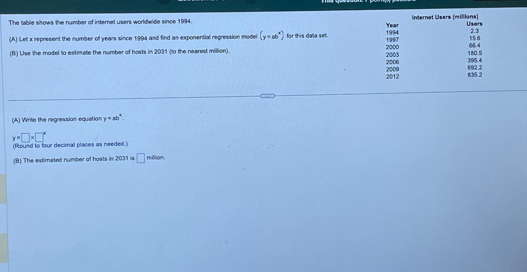 Solved The table shows the number of internet users | Chegg.com