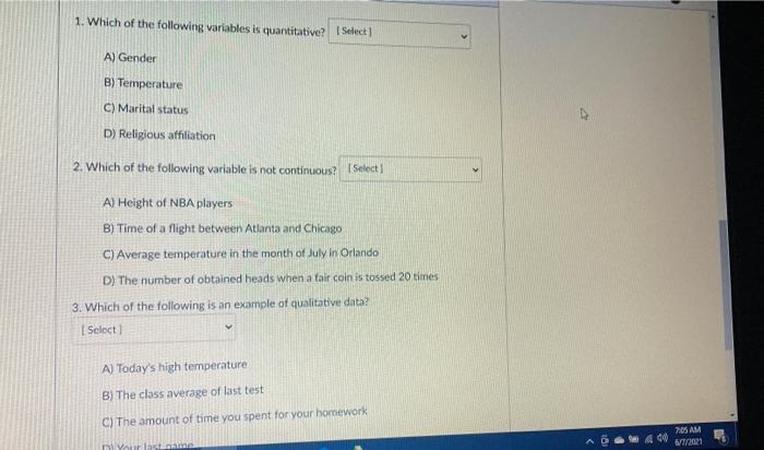 Solved 1. Which of the following variables is quantitative? | Chegg.com