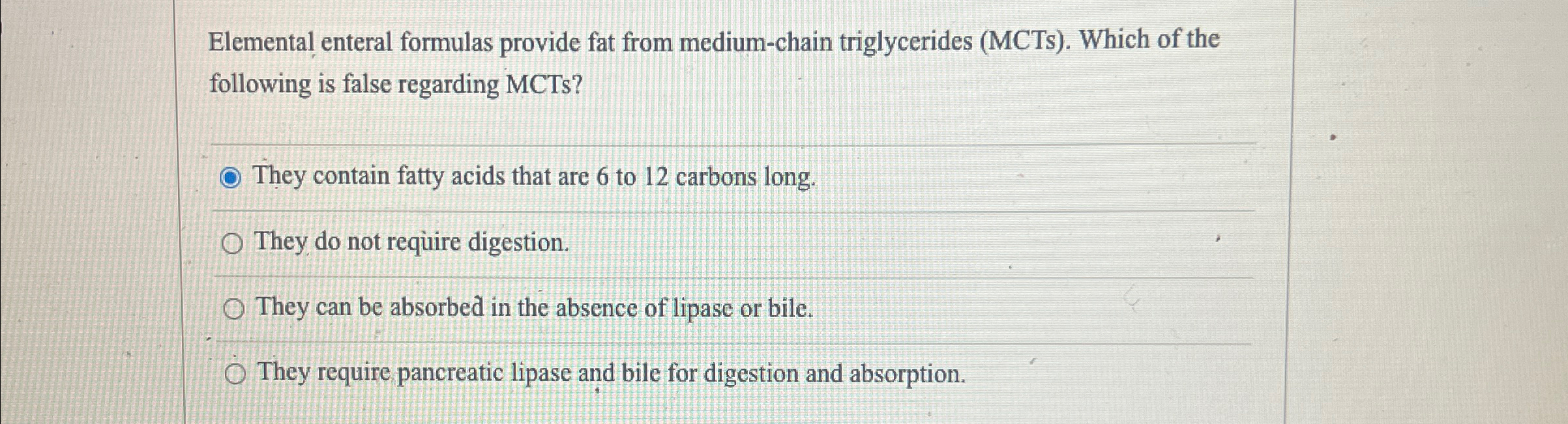 Solved Elemental enteral formulas provide fat from | Chegg.com