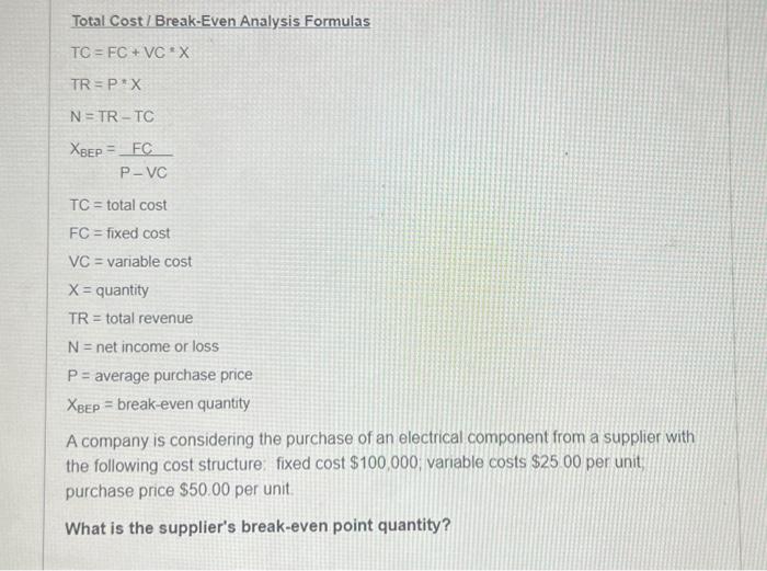 Solved Total Cost/Break-Even Analysis Formulas | Chegg.com